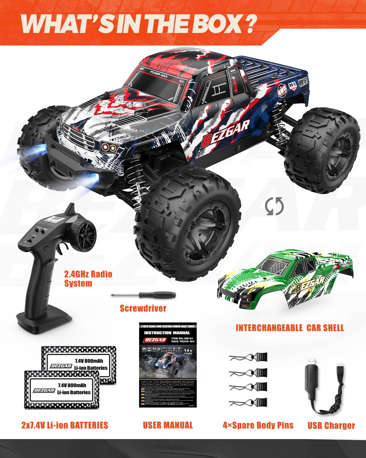 BEZGAR HM161 Hobby Grade 1:16 Scale Remote Control Truck, 4WD High Speed 40+ Kmh All Terrains Electric Toy Off Road RC Vehicle Car Crawler with 2 Rechargeable Batteries for Boys Kids and Adults