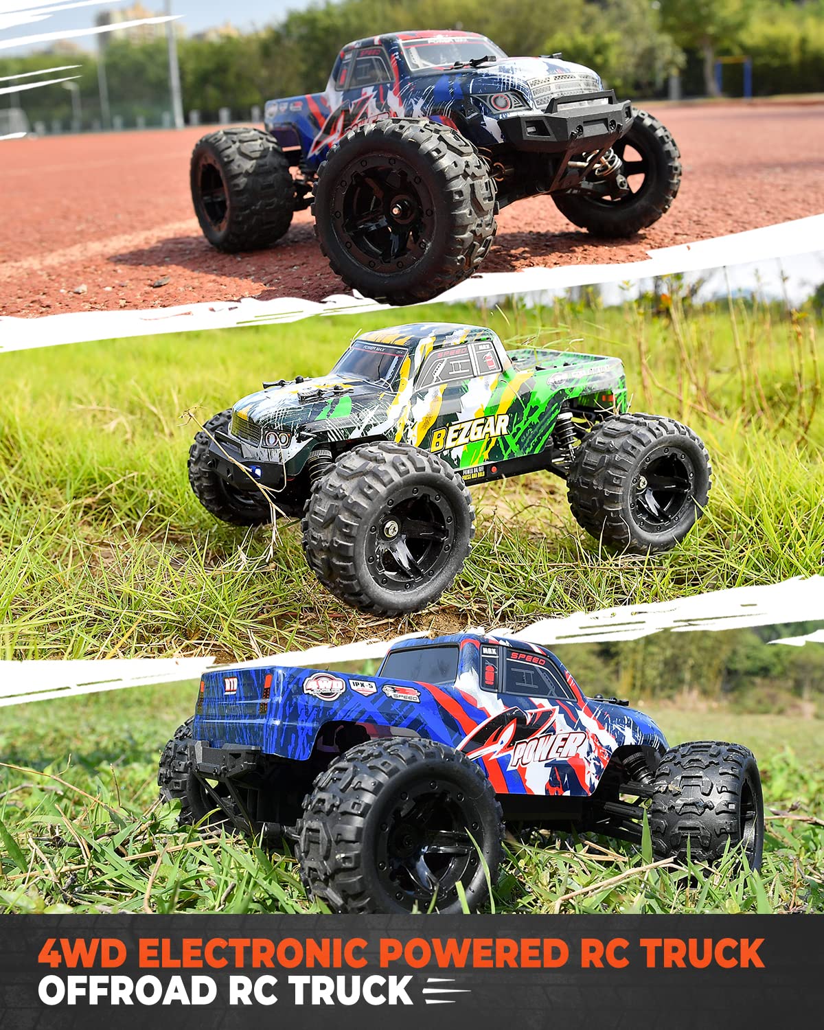 BEZGAR HM161 Hobby Grade 1:16 Scale Remote Control Truck, 4WD High Speed 40+ Kmh All Terrains Electric Toy Off Road RC Vehicle Car Crawler with 2 Rechargeable Batteries for Boys Kids and Adults