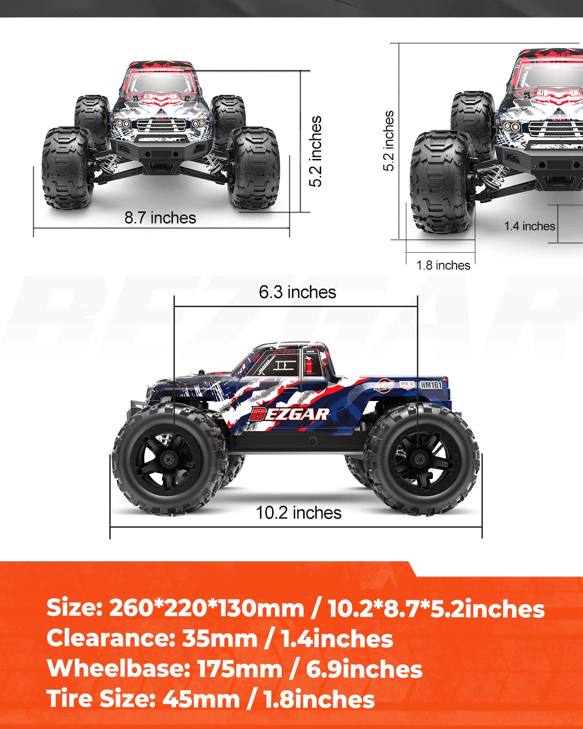 BEZGAR HM161 Hobby Grade 1:16 Scale Remote Control Truck, 4WD High Speed 40+ Kmh All Terrains Electric Toy Off Road RC Vehicle Car Crawler with 2 Rechargeable Batteries for Boys Kids and Adults