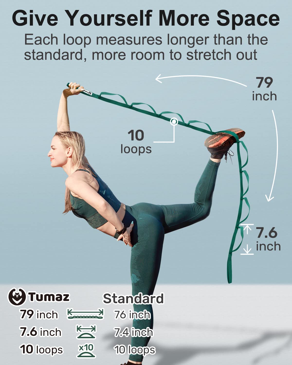 Tumaz Stretching Strap - 10 Loops & Non-Elastic Yoga Strap [Budget Version]- The Perfect Home Workout Stretch Strap for Physical Therapy, Yoga, Pilates, Flexibility - [Included E-book, Extra Durable]