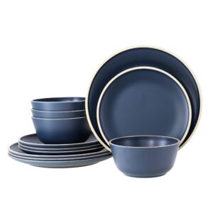 gufaith melamine dinnerware sets for 4, plates and bowls sets 12 pcs, melamine plates, nautical dinnerware sets, modern style,dishwasher safe, bpa free, suitable indoor and outdoor use (deep blue)