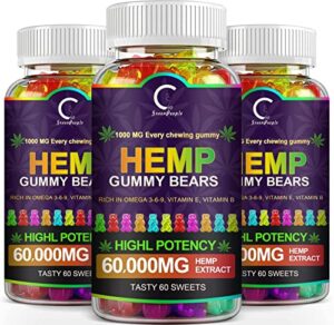 gpgp greenpeople (3 pack) hemp gummies 60,000mg extra strength, 100% natural hemp oil infused bear gummy, promotes focus calm, sleep and calm mood