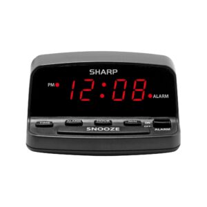 sharp digital alarm clock with keyboard style controls, battery back-up, easy to use with simple operation, black case with red led display