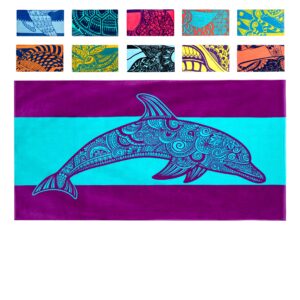 nova blue dolphin beach towel – tropical blue & purple colors with a unique design, extra large, xl, pool towels (34”x 63”) made from 100% cotton