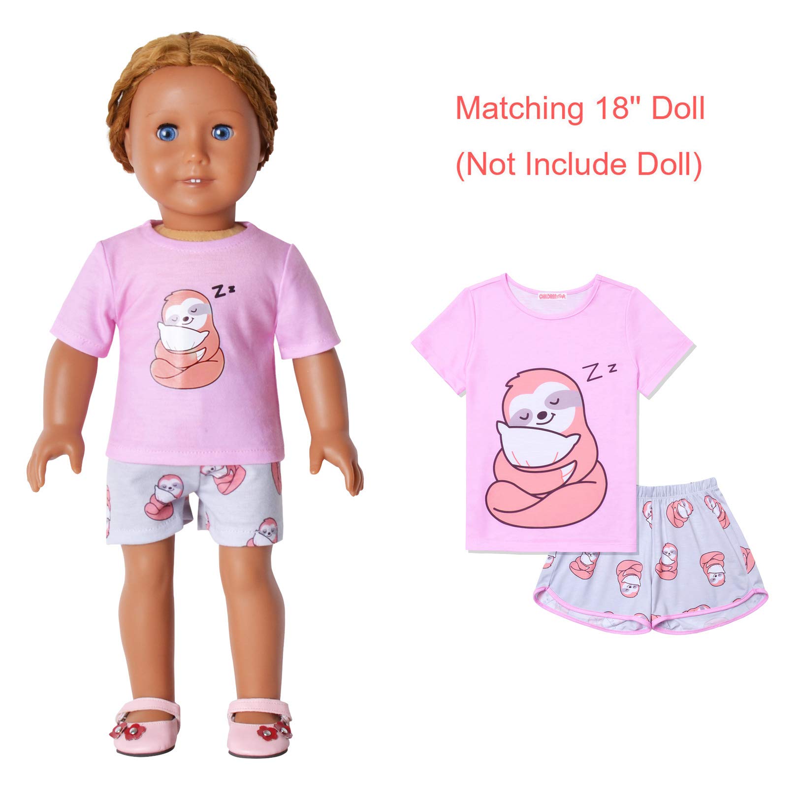 CHILDRENSTAR Matching Girls&Dolls Pajamas Pink Sloth Pj Sets Short Sleeve Sleepwear,4t 5t