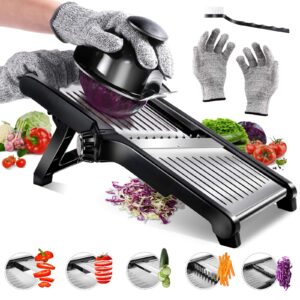 masthome professional mandoline slicer stainless steel adjustable blade,food cutter for vegetable fruit cheese,kitchen food blade onion cutter with food holder and cut resistant glove