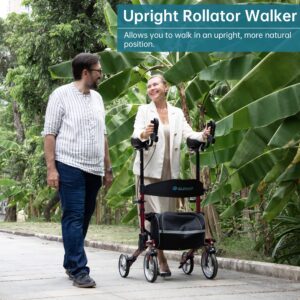 ELENKER Upright Rollator Walker, Stand Up Rolling Walker, Mobility Walking Aid with 10” Front Wheels, Seat and Armrest for Seniors and Adults, Red