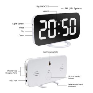 Lamisola Digital Alarm Clock, Large LED Mirror Display, 2 USB Charging Ports，Auto Dim Mode，Modern Design Clock for Bedroom Office, White