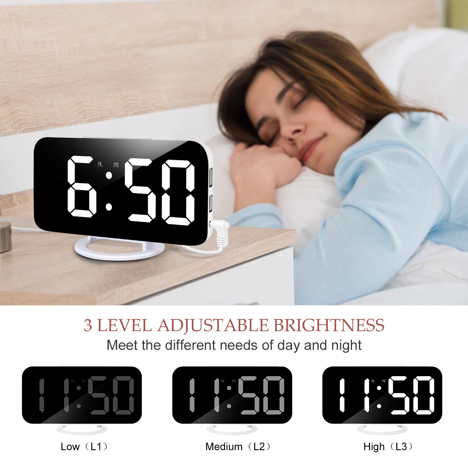 Lamisola Digital Alarm Clock, Large LED Mirror Display, 2 USB Charging Ports，Auto Dim Mode，Modern Design Clock for Bedroom Office, White