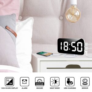 Lamisola Digital Alarm Clock, Large LED Mirror Display, 2 USB Charging Ports，Auto Dim Mode，Modern Design Clock for Bedroom Office, White