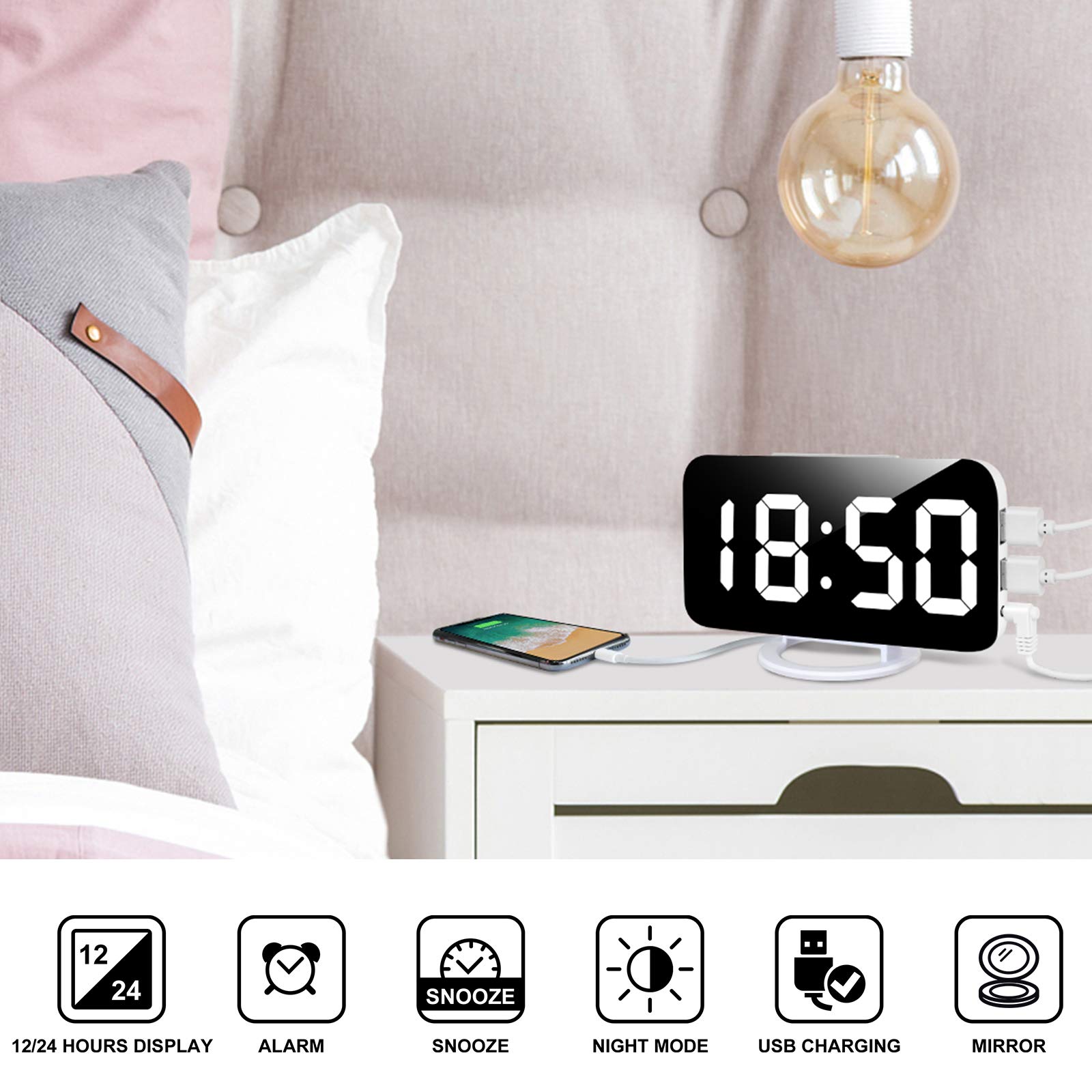 Lamisola Digital Alarm Clock, Large LED Mirror Display, 2 USB Charging Ports，Auto Dim Mode，Modern Design Clock for Bedroom Office, White