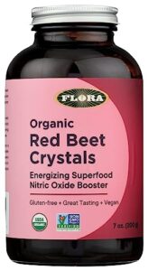 flora - organic red beet crystals, energizing superfood, nitric oxide booster, vegan, equals 5.5 lbs. of red beets, pressed from fresh harvested organic beets, 7-oz. powder