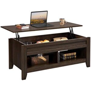 yaheetech lift top coffee table with hidden storage compartment & 2 open shelves, rising tabletop pop up center table for living room reception room, 47.5'' l, espresso