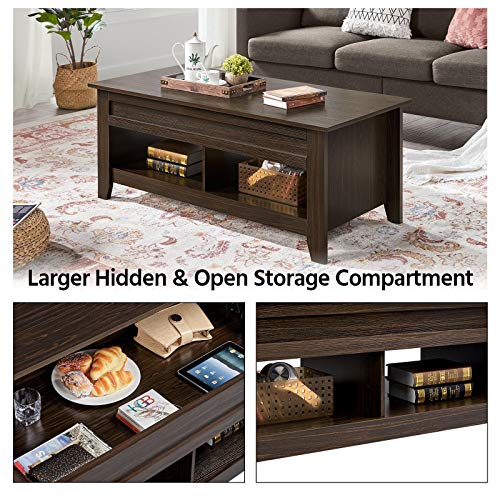 Yaheetech Lift Top Coffee Table with Hidden Storage Compartment & 2 Open Shelves, Rising Tabletop Pop Up Center Table for Living Room Reception Room, 47.5'' L, Espresso