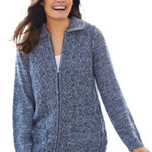 Woman Within Women's Plus Size Marled Zip-Front Cable Knit Cardigan - 1X, Navy Sky Blue Marled