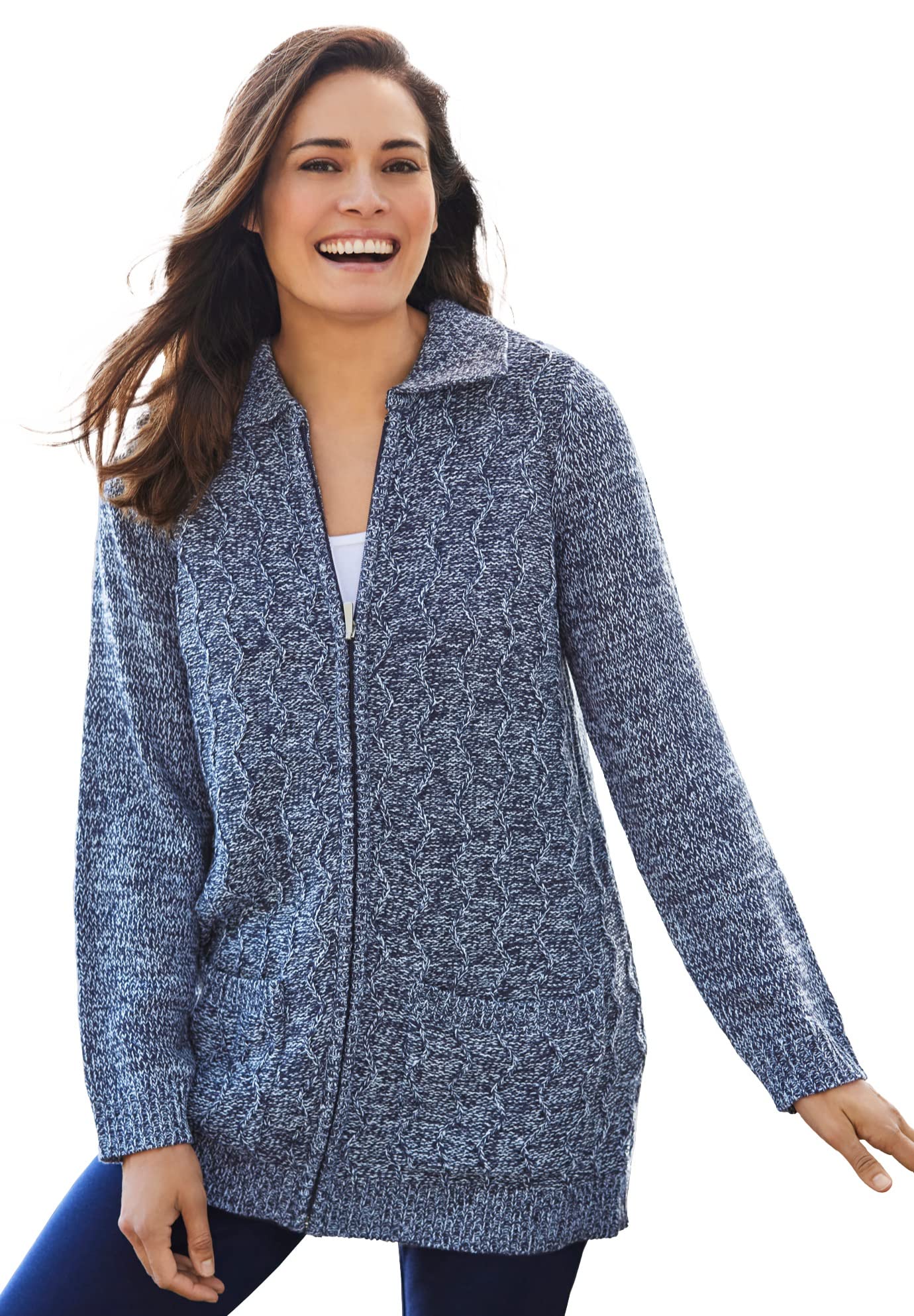 Woman Within Women's Plus Size Marled Zip-Front Cable Knit Cardigan - 1X, Navy Sky Blue Marled