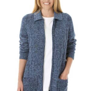 Woman Within Women's Plus Size Marled Zip-Front Cable Knit Cardigan - 1X, Navy Sky Blue Marled