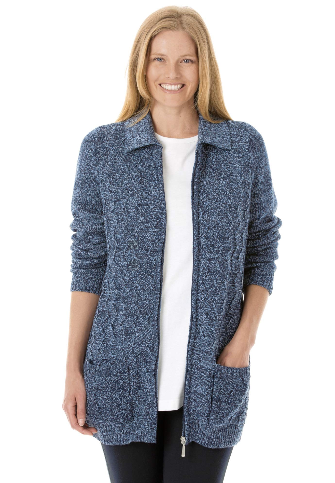 Woman Within Women's Plus Size Marled Zip-Front Cable Knit Cardigan - 1X, Navy Sky Blue Marled