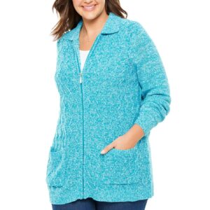 Woman Within Women's Plus Size Marled Zip-Front Cable Knit Cardigan - 1X, Navy Sky Blue Marled