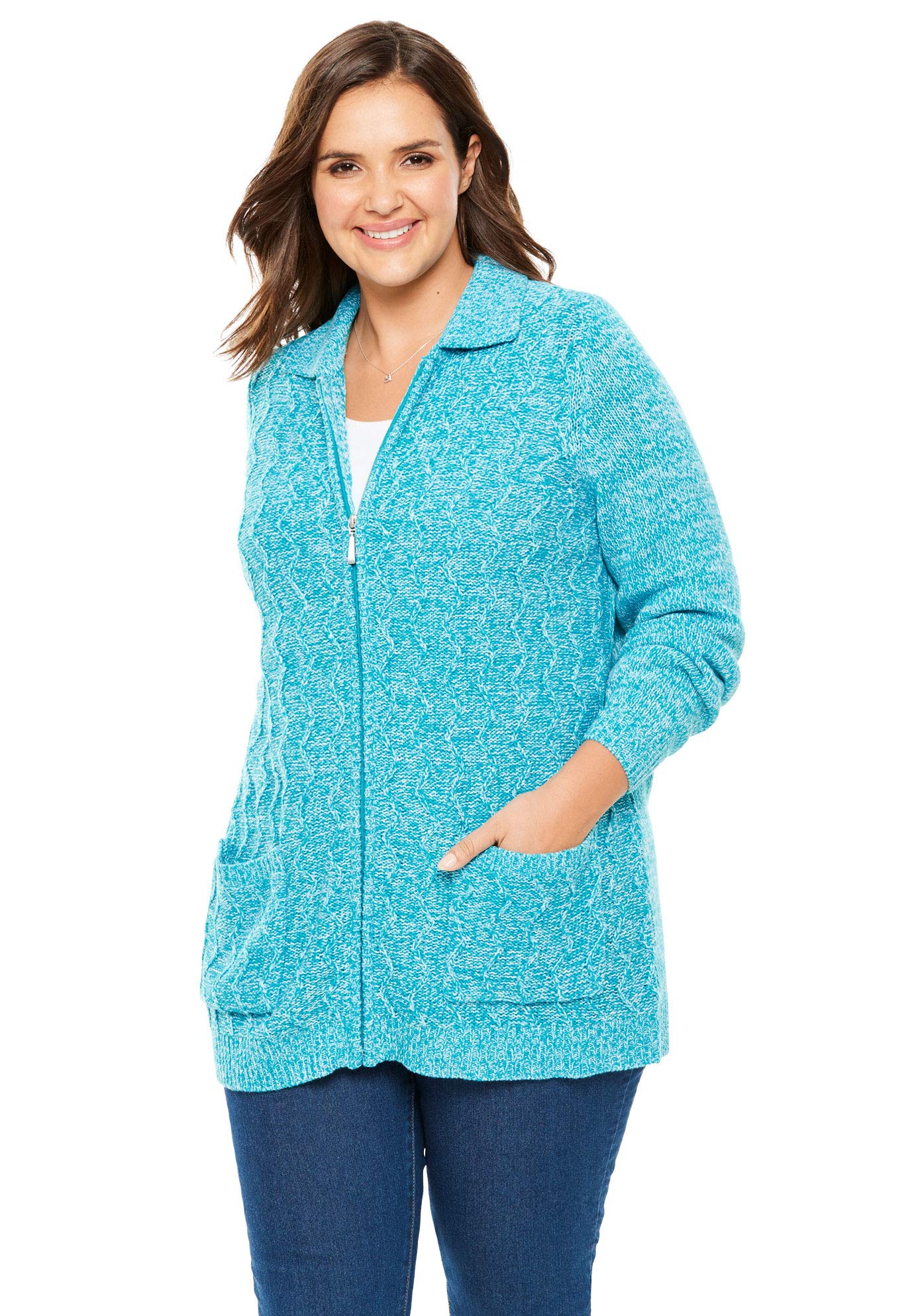 Woman Within Women's Plus Size Marled Zip-Front Cable Knit Cardigan - 1X, Navy Sky Blue Marled