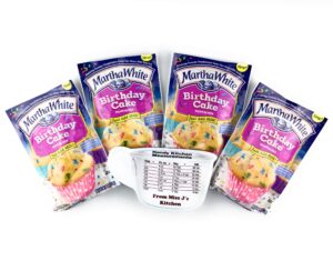 generic martha white birthday cake muffin mix 7.4 oz (4 bags) with miss j’s handy kitchen measurements chart for refrigerator-bundle of 5