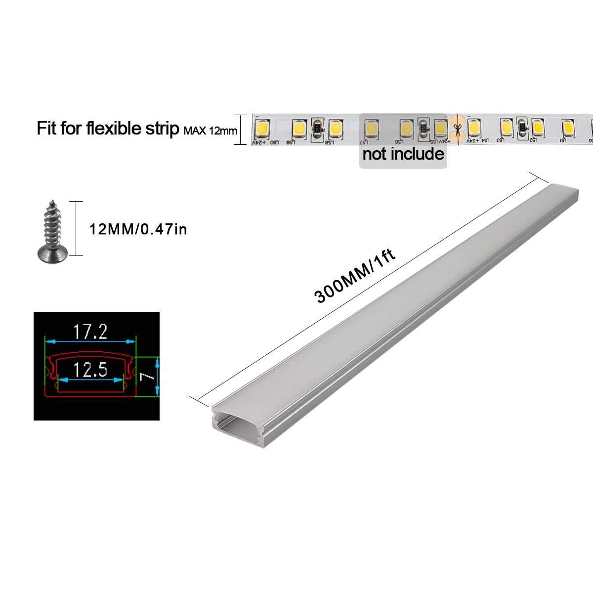 HAMRVL 6-Pack 30cm/1ft 17.2x7mm Led Aluminum Channel System U Shape with Cover, Led Strip Light Diffuser with White End Caps and Mounting Clips Accessories for Under Counter Light Fixture for Indoor