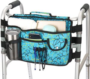 double sided walker bag, walker organizer pouch tote for rollator and folding walker (plaidblue)