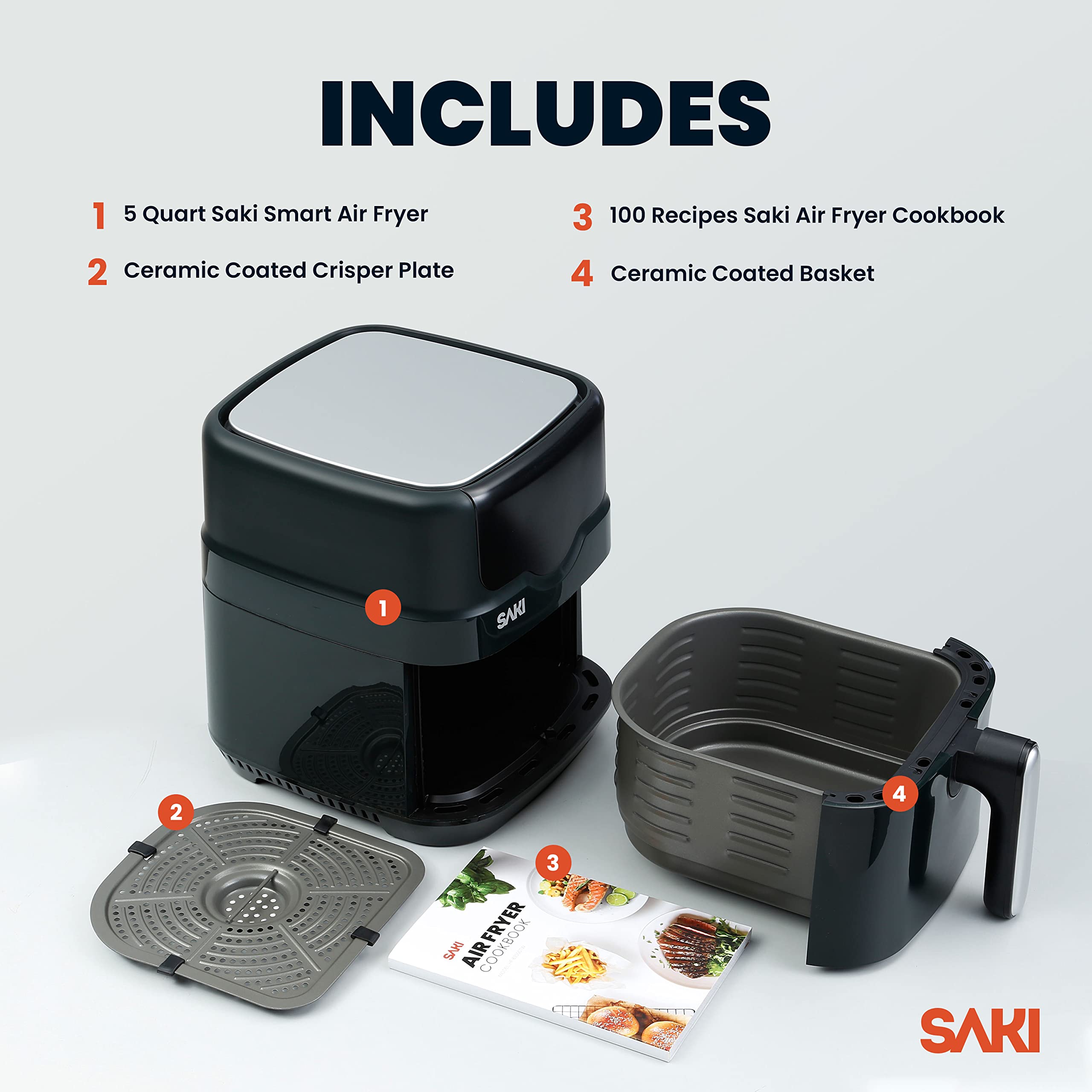 SAKI Smart WiFi Air Fryer 5 Quart, Air Fryer, Preheat, 7 Cooking Functions, 100 Recipes & Accessories Included, HF-8350DT, Black