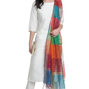 Janasya Indian Women's Off-White Poly Silk Kurta With Pant And Dupatta(SET268-KR-NP-XL)