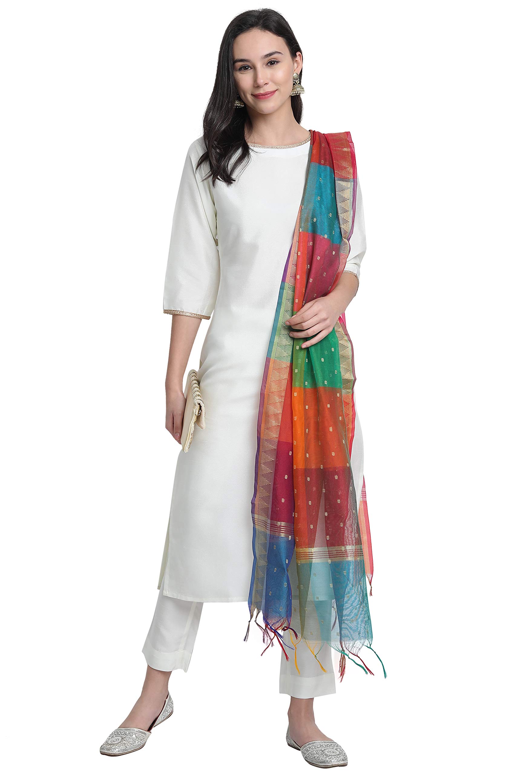 Janasya Indian Women's Off-White Poly Silk Kurta With Pant And Dupatta(SET268-KR-NP-XL)