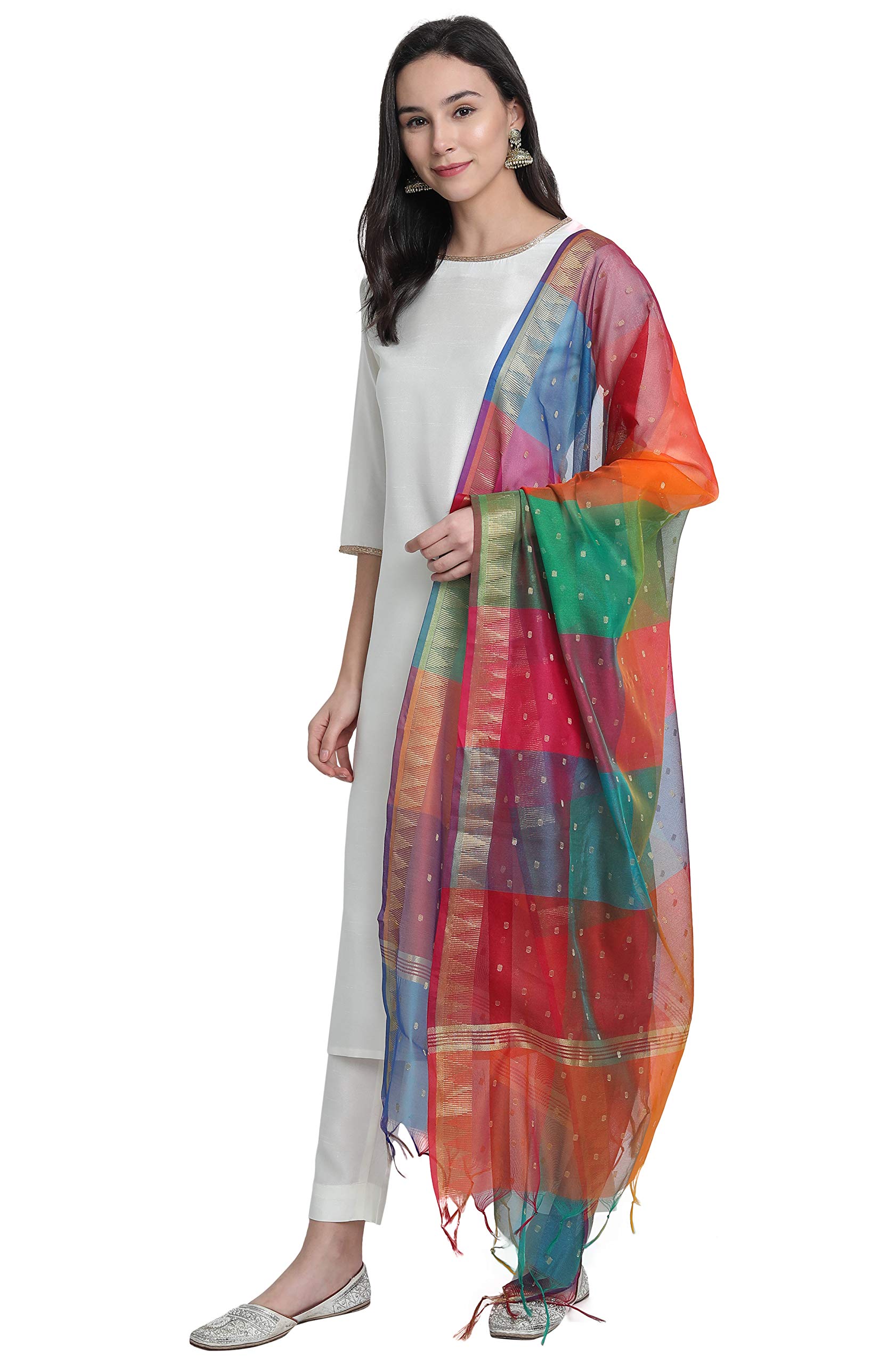 Janasya Indian Women's Off-White Poly Silk Kurta With Pant And Dupatta(SET268-KR-NP-XL)