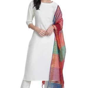 Janasya Indian Women's Off-White Poly Silk Kurta With Pant And Dupatta(SET268-KR-NP-XL)