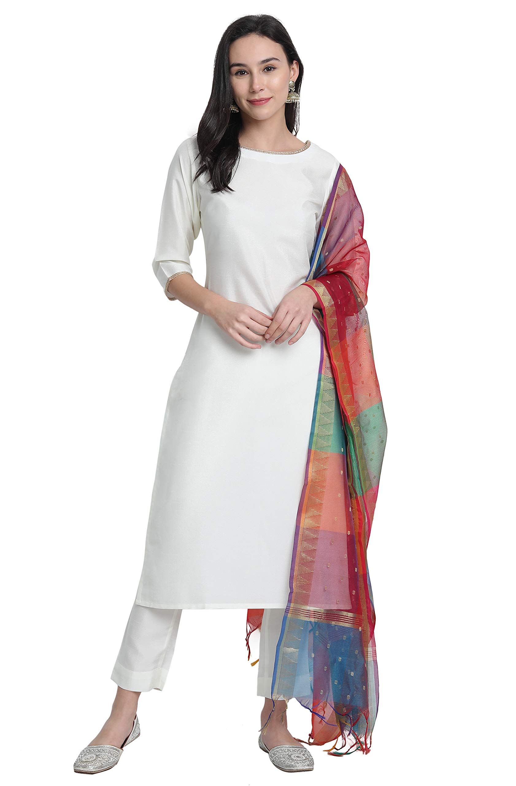 Janasya Indian Women's Off-White Poly Silk Kurta With Pant And Dupatta(SET268-KR-NP-XL)