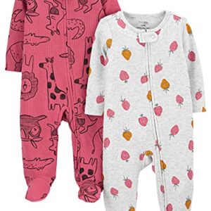 Simple Joys by Carter's Baby Girls' 2-Way Zip Thermal Footed Sleep and Play, Pack of 2, Dark Rose Forest Animals/Grey Strawberries, Newborn