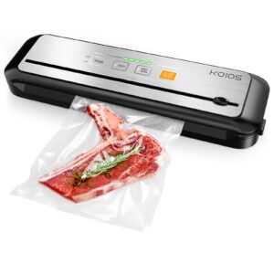 koios vacuum sealer machine, 90kpa automatic food sealer with cutter, 8-in-1 food vacuum machine, pulse function, dry&moist modes, compact design, led indicator lights, 10pcs bags included, silver