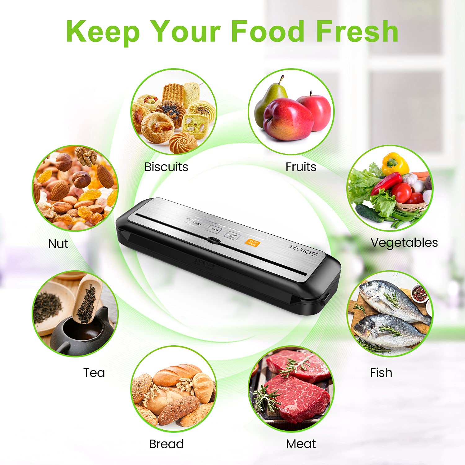 KOIOS Vacuum Sealer Machine, 90Kpa Automatic Food Sealer with Cutter, 8-in-1 Food Vacuum Machine, Pulse Function, Dry&Moist Modes, Compact Design, LED Indicator Lights, 10pcs bags included, Silver