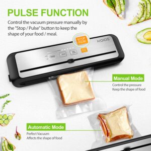 KOIOS Vacuum Sealer Machine, 90Kpa Automatic Food Sealer with Cutter, 8-in-1 Food Vacuum Machine, Pulse Function, Dry&Moist Modes, Compact Design, LED Indicator Lights, 10pcs bags included, Silver