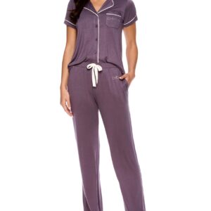 bebe Womens Pajama Sets - Notch Collar Pajama Top and Pajama Pants PJ Set - Ladies Pajamas (Midnight Lavender, Large)