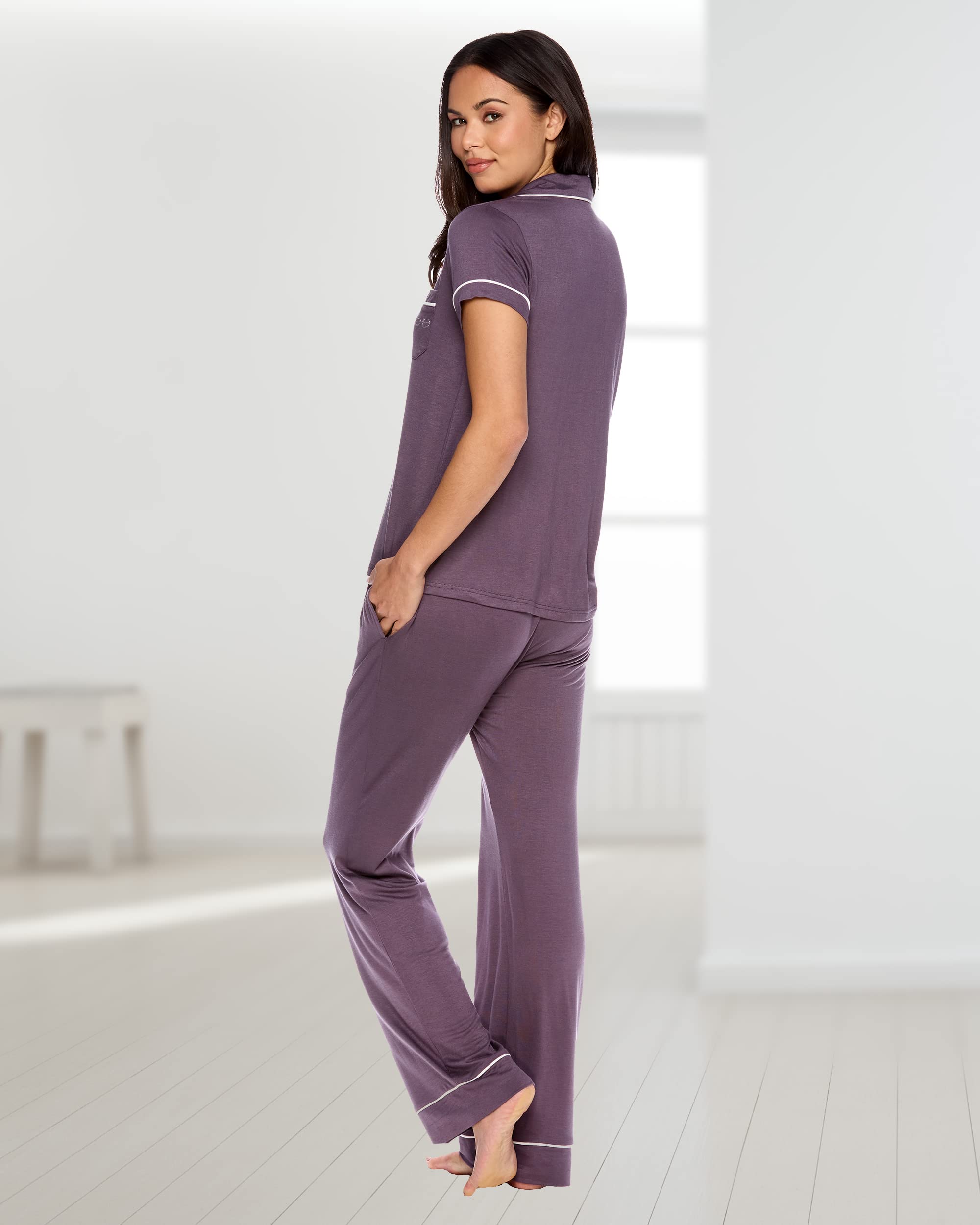 bebe Womens Pajama Sets - Notch Collar Pajama Top and Pajama Pants PJ Set - Ladies Pajamas (Midnight Lavender, Large)