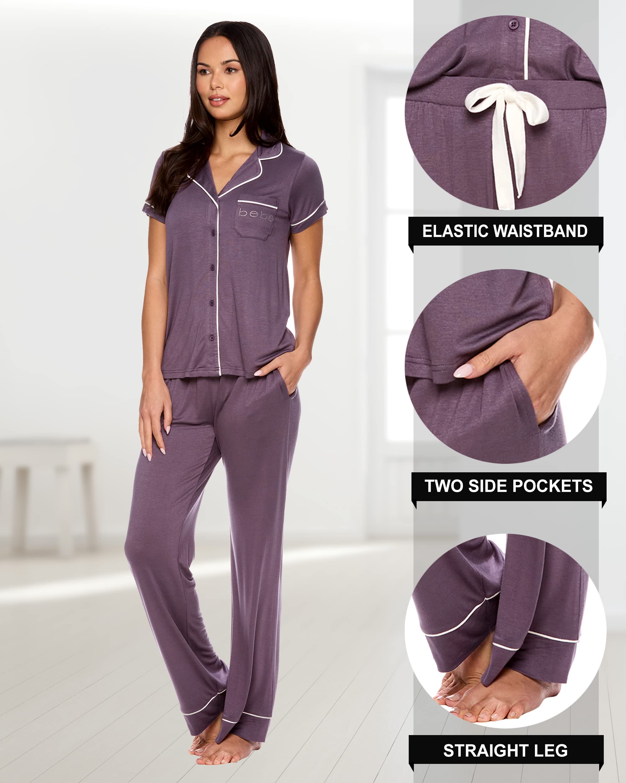 bebe Womens Pajama Sets - Notch Collar Pajama Top and Pajama Pants PJ Set - Ladies Pajamas (Midnight Lavender, Large)