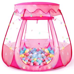 pop up princess tent with colorful star lights for 1 2 3 year old birthday gift, 12-18 months baby girl toys, foldable ball pit with carrying bag, indoor&outdoor play tent for kids