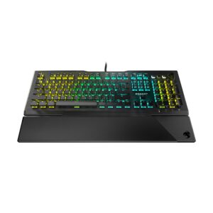 roccat vulcan pro tactile optical pc gaming keyboard, titan switch full size, with per-key aimo rgb lighting, anodized aluminum top plate and detachable palm/wrist rest, low profile, black