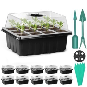 sfee 10 pack seed starter tray kit, 120 cells seedling starter trays with humidity dome and base greenhouse growing trays, reusable seedling tray with garden tools labels (black)