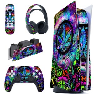 playvital psychedelic leaf full set skin decal for ps5 console disc edition, sticker vinyl decal cover for ps5 controller & charging station & headset & media remote