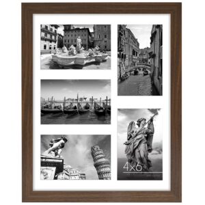 americanflat 11x14 collage picture frame in walnut - displays five 4x6 frame openings or use as 11x14 picture frame without mat - engineered wood, shatter resistant glass, and includes hanging hardware