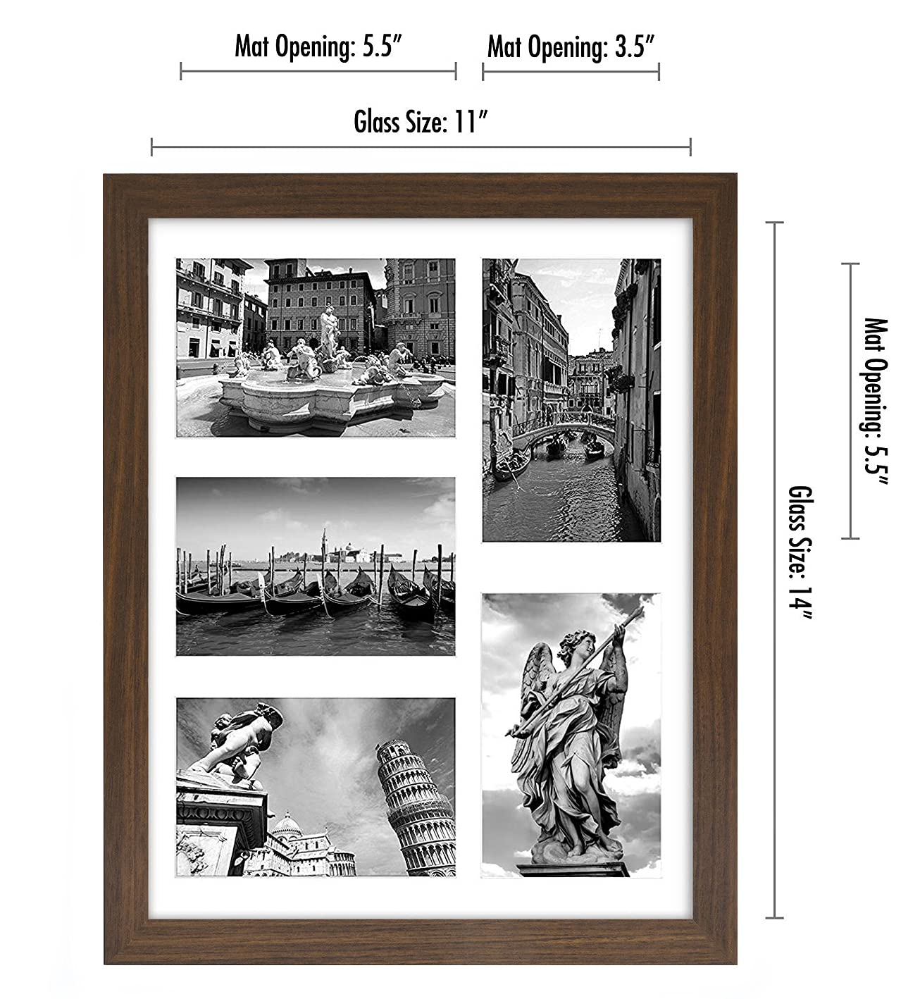 Americanflat 11x14 Collage Picture Frame in Walnut - Displays Five 4x6 Frame Openings or Use as 11x14 Picture Frame Without Mat - Engineered Wood, Shatter Resistant Glass, and Includes Hanging Hardware