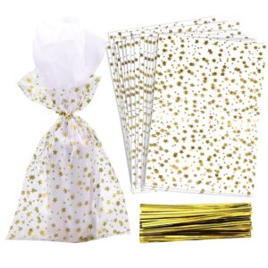 coqofa 100 pcs star printed 4"x 9" gift wrap cello cellophane treat bags party favor bags clear candy cookie bags plastic poly goodie storage bags with twist ties for bakery,birthday, wedding ,party decorations (gold)