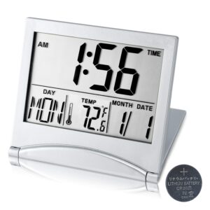 kanbit digital travel alarm clock battery operated, portable large number display alarm clock with temperature,12/24 h small desk clock -silver (no light)