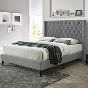 Better Home Products Amelia Velvet Tufted Queen Platform Bed in Gray