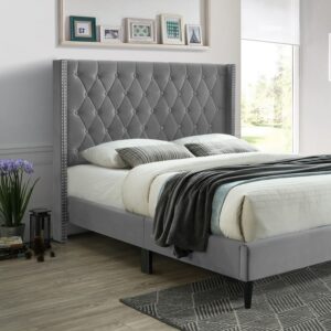 Better Home Products Amelia Velvet Tufted Queen Platform Bed in Gray